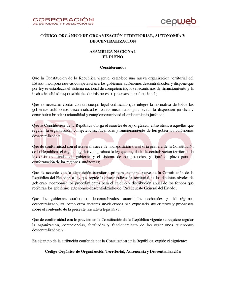 Código Orgánico de Organización Territorial, Autonomía y ...