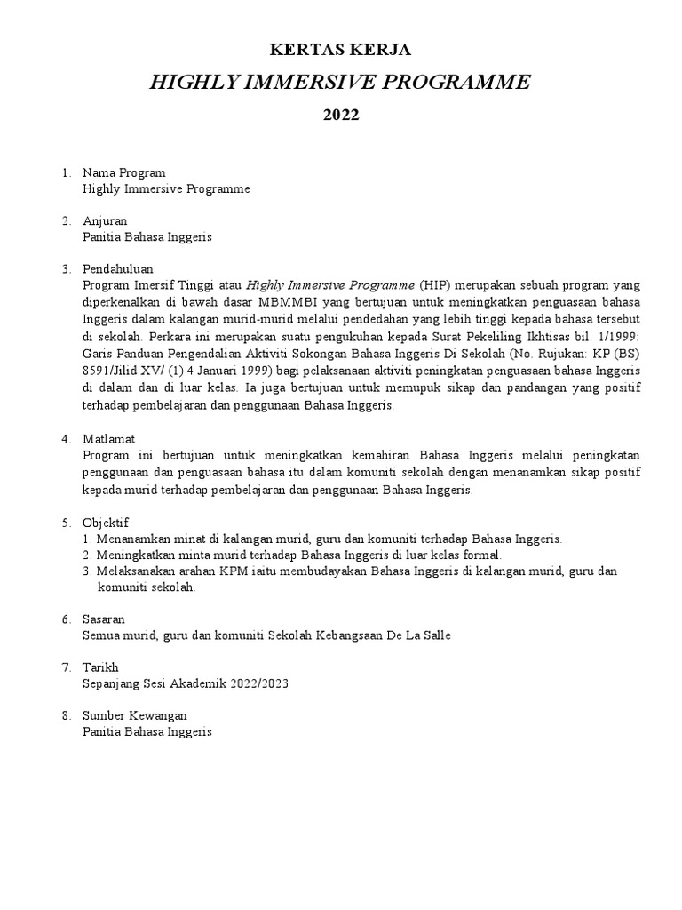 Highly Immersive Programme: Kertas Kerja 2022 | PDF