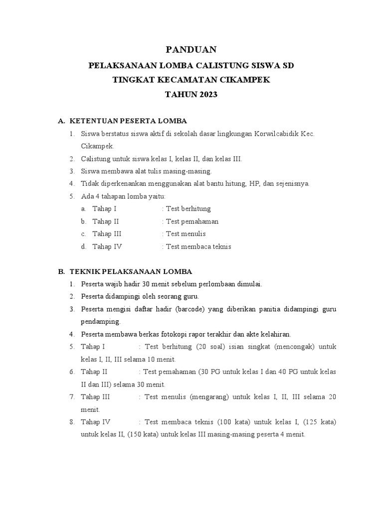 Panduan Lomba Calistung SD 2023 | PDF