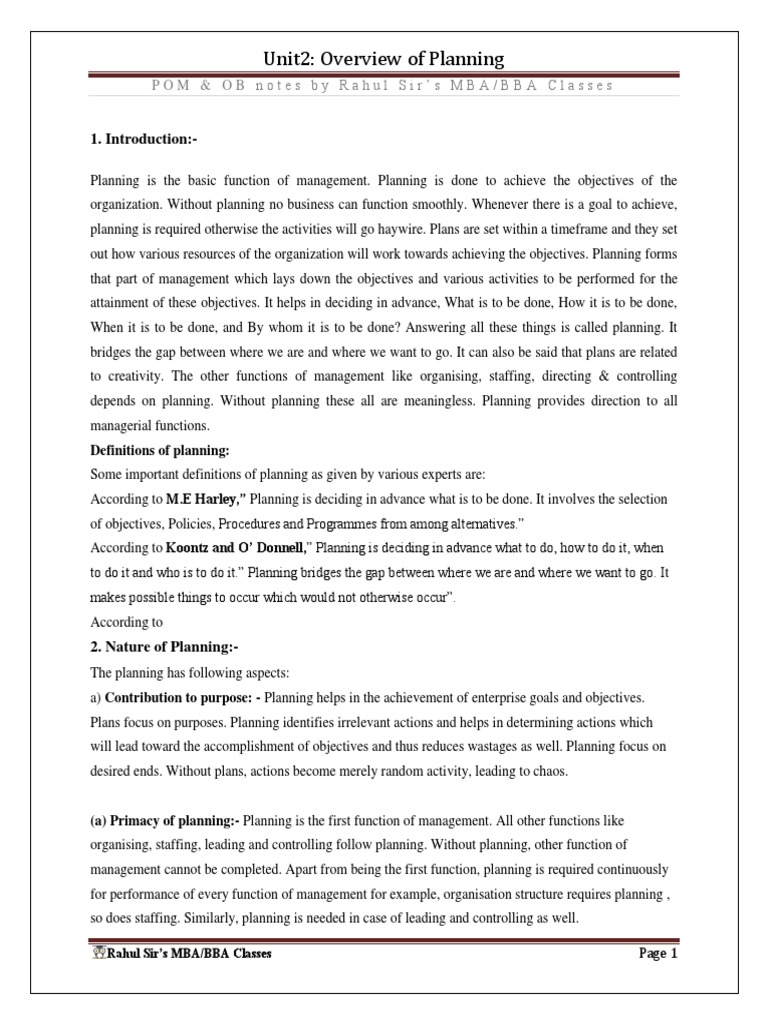 Planning Essentials for MBA/BBA Students | PDF | Goal | Policy