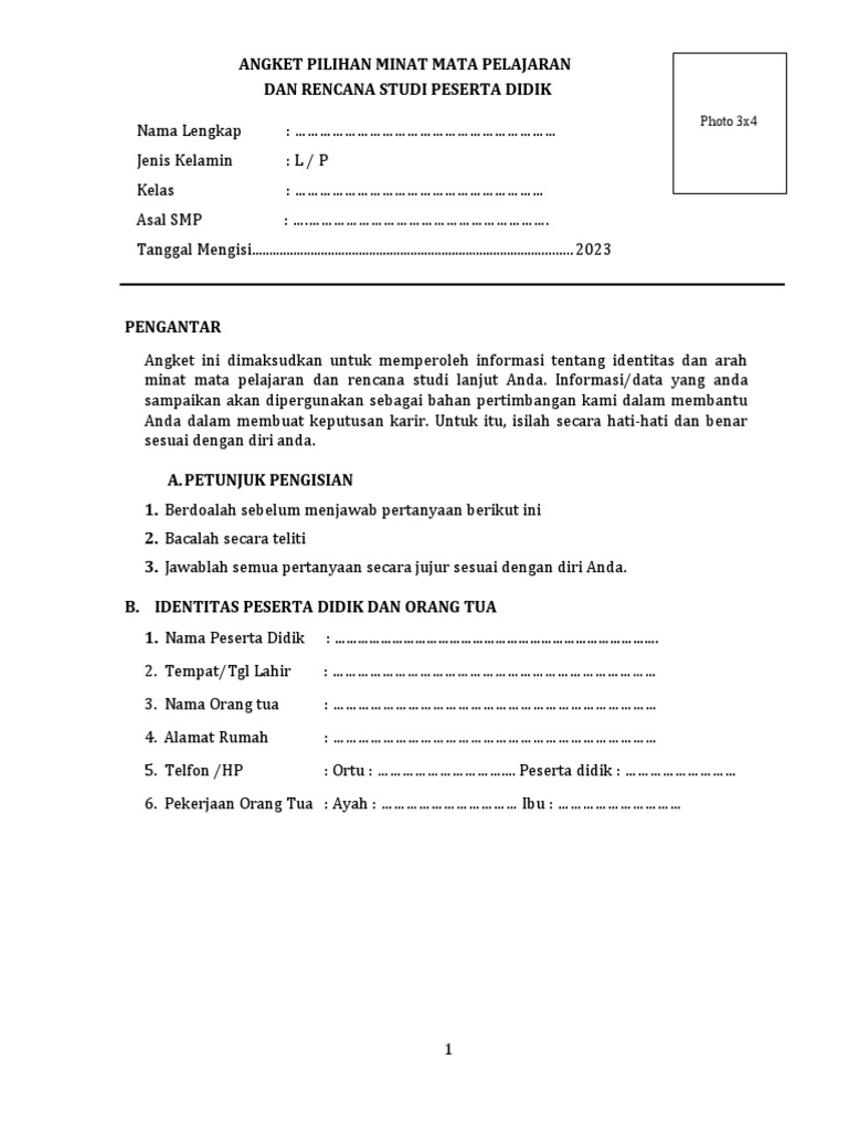 Angket Pilihan Mapel Dan Minat Studi Peserta Didik Kelas X | PDF