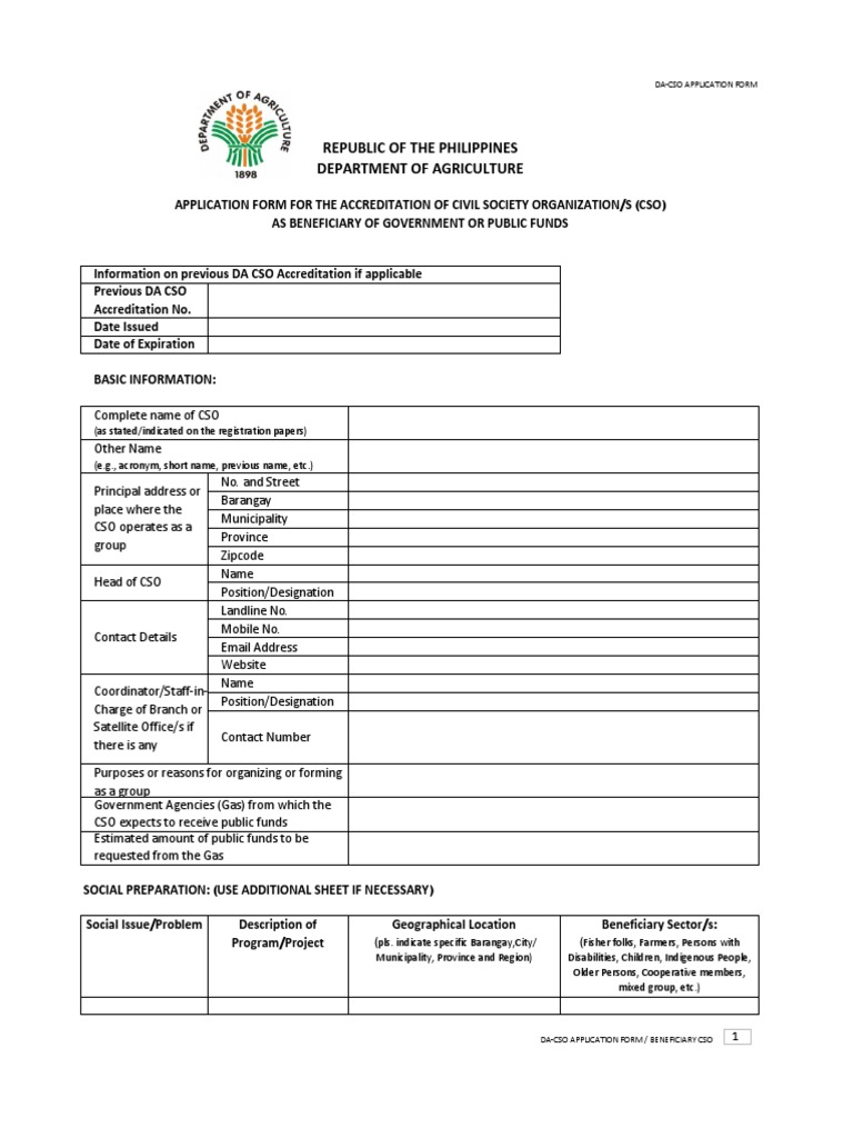 DA-CSO Accreditation Application Form | PDF | Affidavit | Government