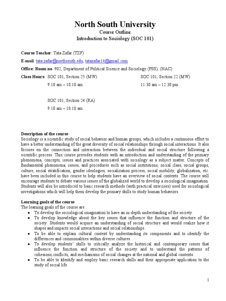 Course Outline SOC 101 Sec23 TT 274 | PDF | Sociology | Socialization