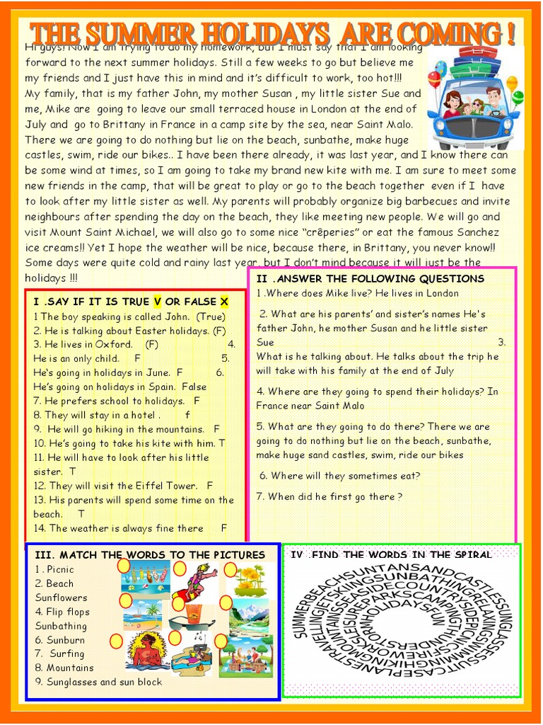 The Summer Holidays Are Coming Reading Comprehensi Reading ...