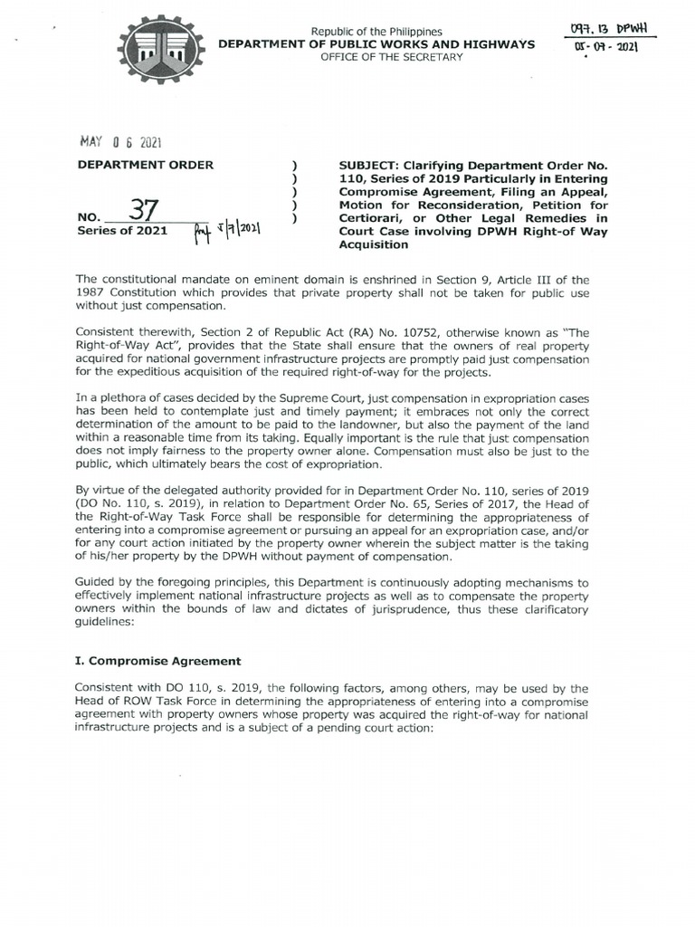 DPWH DO No. 37 Series of 2021 | PDF