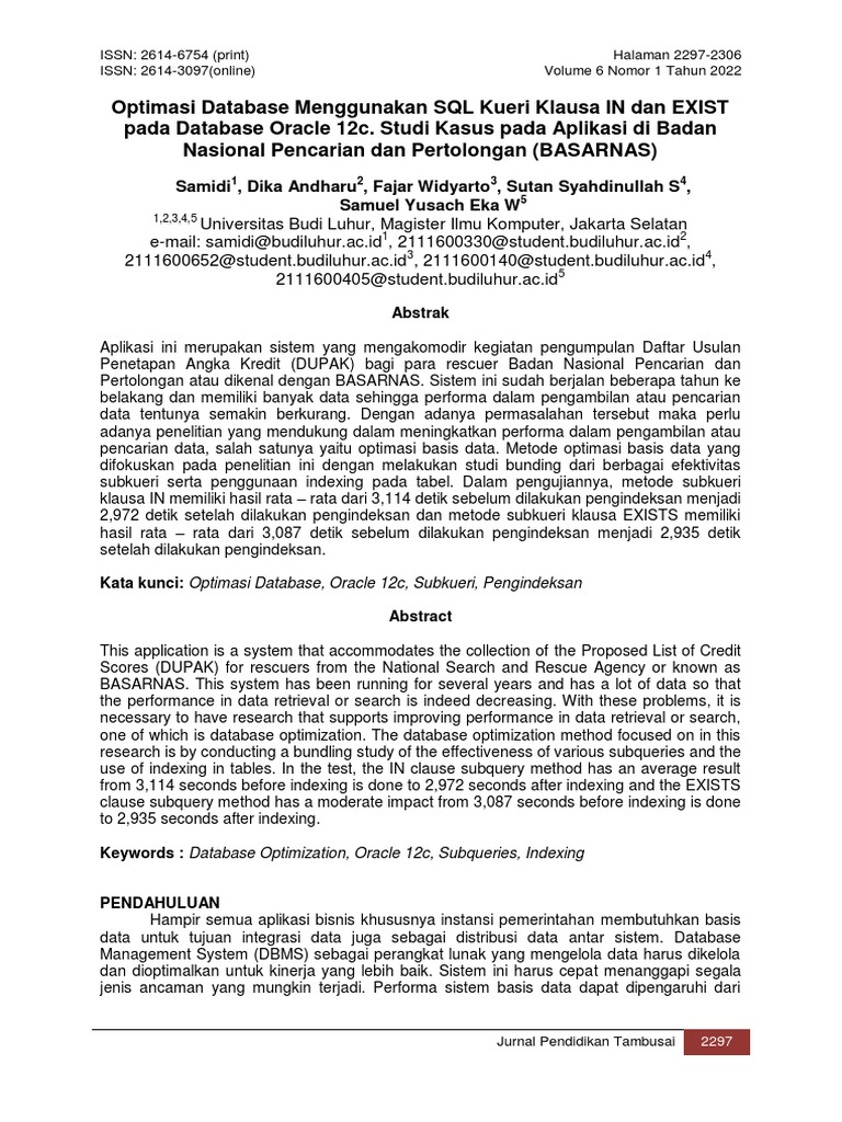 Optimasi Database Menggunakan SQL Kueri Klausa IN Dan EXIST Pada ...