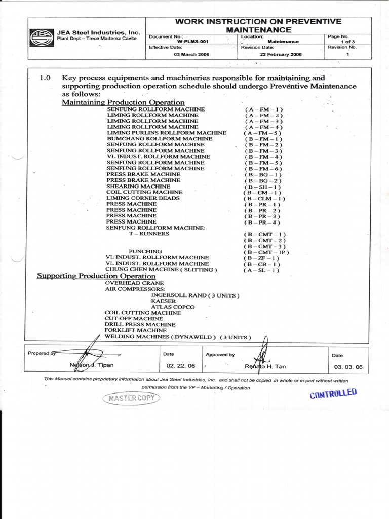 Work Instruction On Preventive Maintenance | PDF