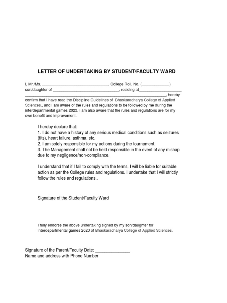 Letter of Undertaking by Student/Faculty Ward: Bhaskaracharya College ...