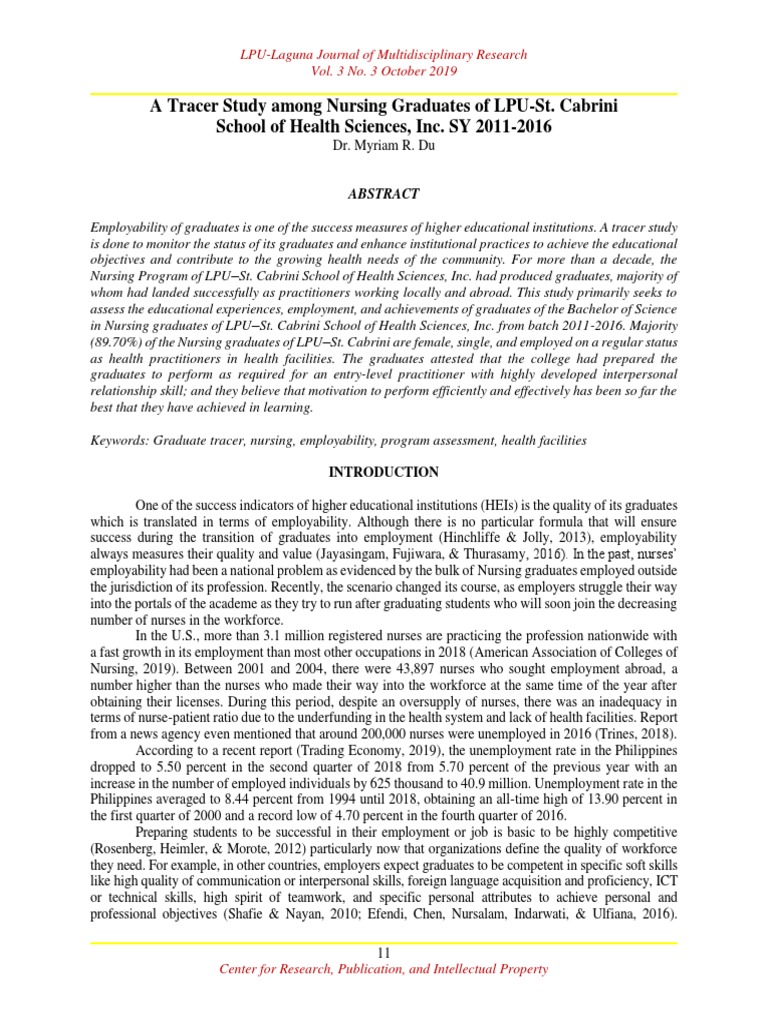 A Tracer Study Among Nursing Graduates of LPU St. Cabrini School of ...