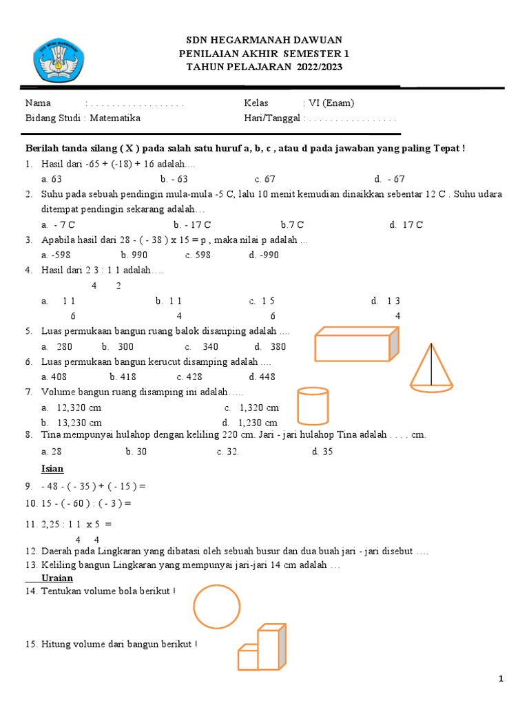Soal PAS MTK Kls 6 | PDF