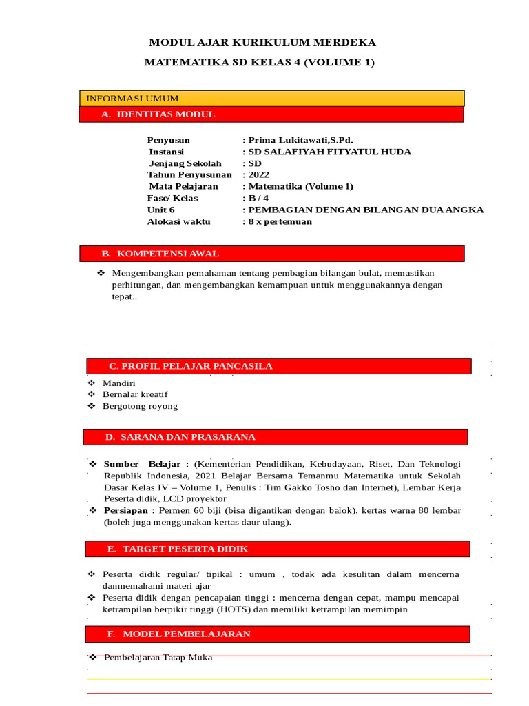 Modul Ajar Pembagian Dua Angka | PDF