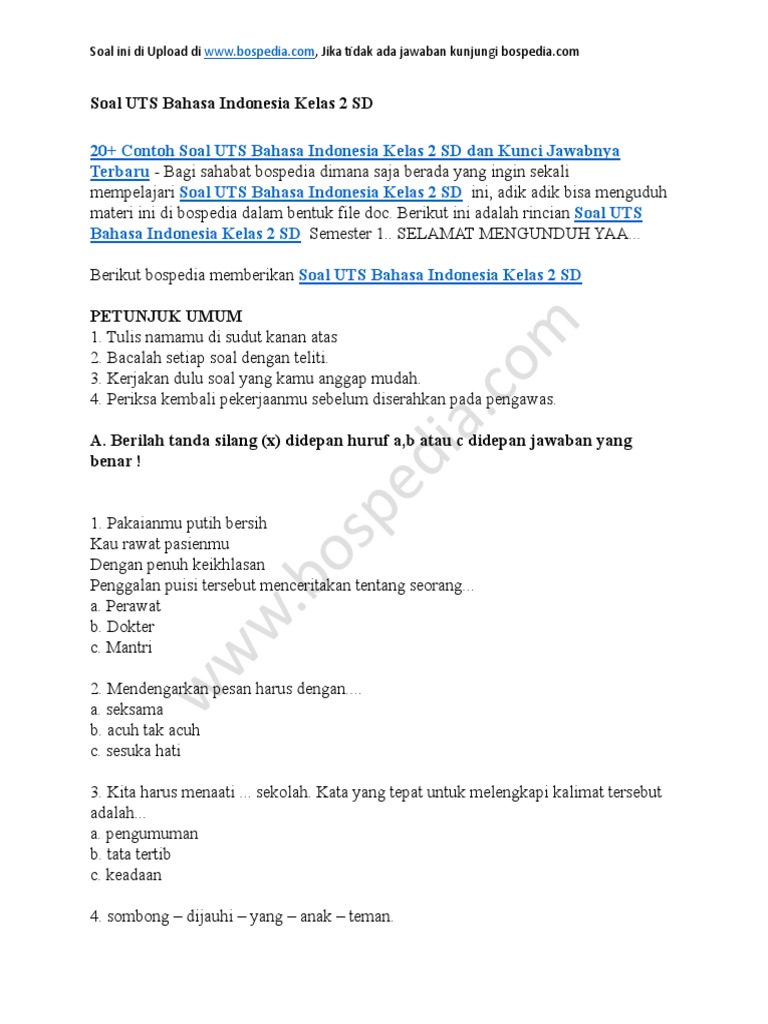 20+ Contoh Soal UTS Bahasa Indonesia Kelas 2 SD Dan Kunci Jawabnya | PDF