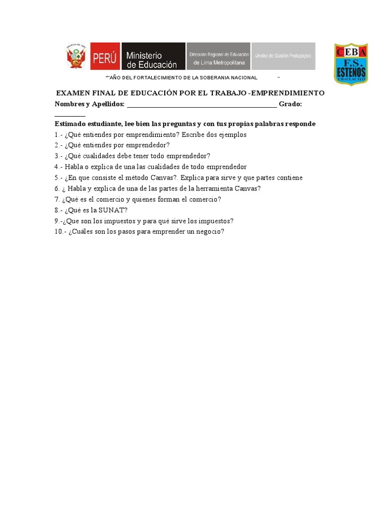 Examen Final de Educación Por El Trabajo | PDF