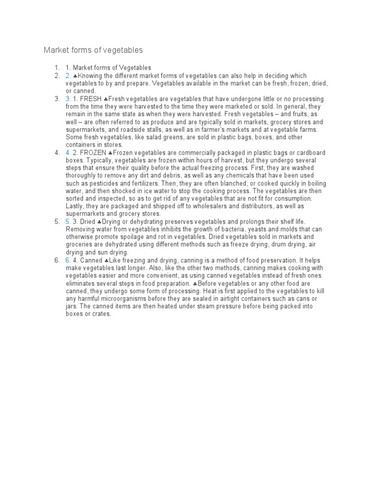 Market Forms of Vegetables Explained | PDF | Vegetables | Canning