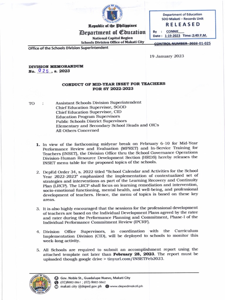 DM 025 Conduct of Mid-Year Inset For Teachers For Sy 2022-2023 | Download Free PDF | Cognitive ...