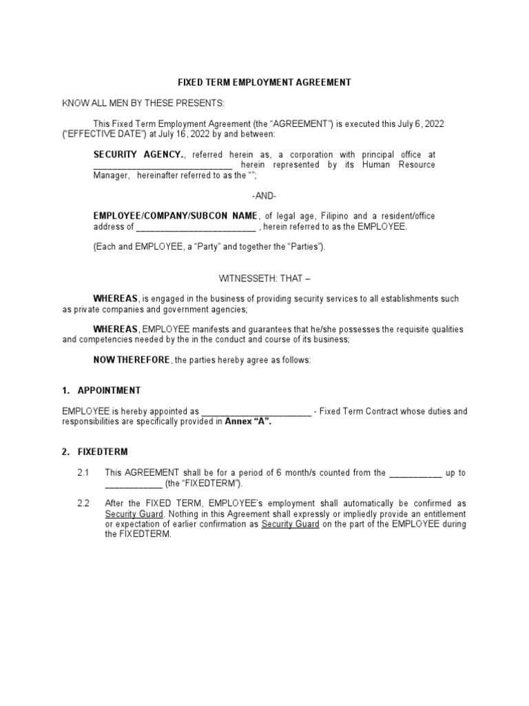 Fixed Term Employment Agreement - MLJDR | PDF | Employment | Business
