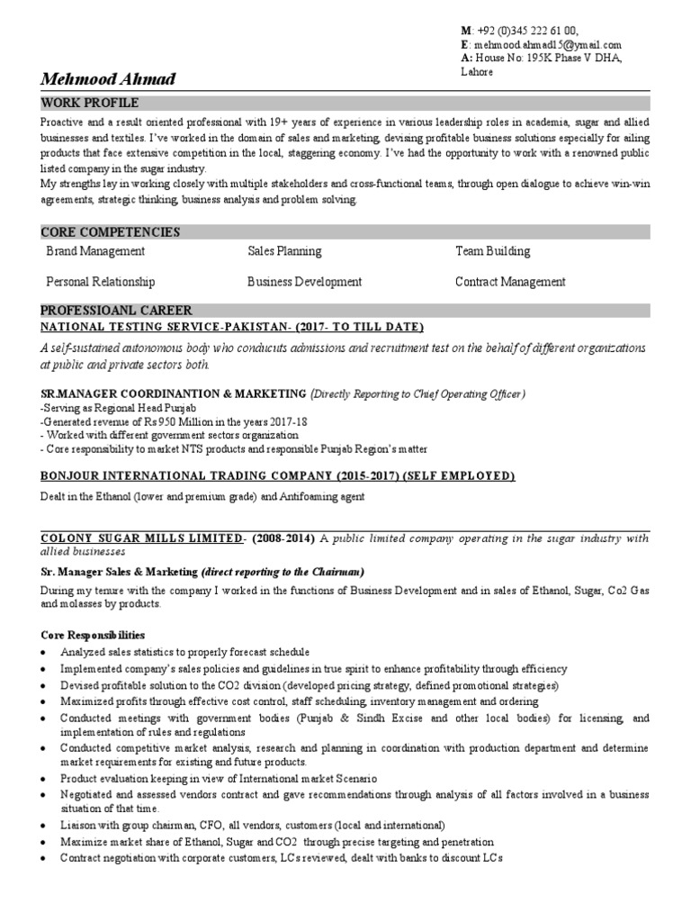 20.12.2018 CV Mehmood Ahmad | PDF | Market (Economics) | Sales