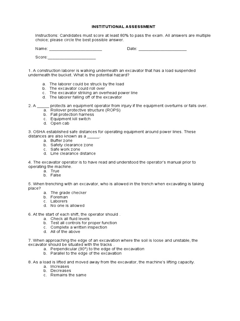 Institutional Assessment For Heo-Hydraulic Excavator Ncii | PDF | Occupational Safety And Health ...