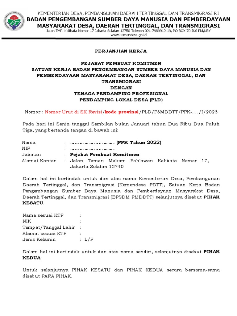 01 - Surat Perjanjian Kerja PLD 2023 | PDF