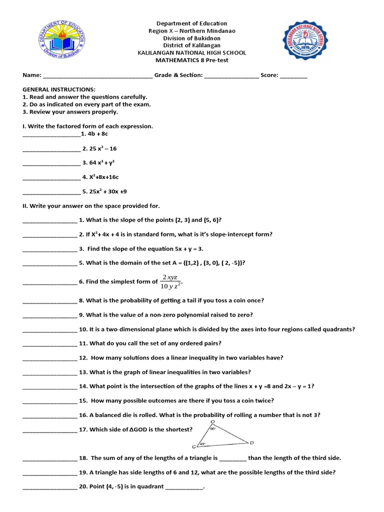 Grade 8 Pretest | PDF | Applied Mathematics | Elementary Mathematics