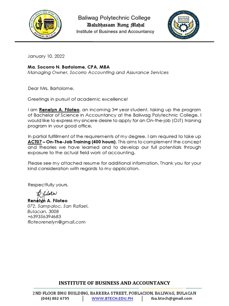 Internship Application Letter - Filoteo, Renelyn | PDF | Career & Growth