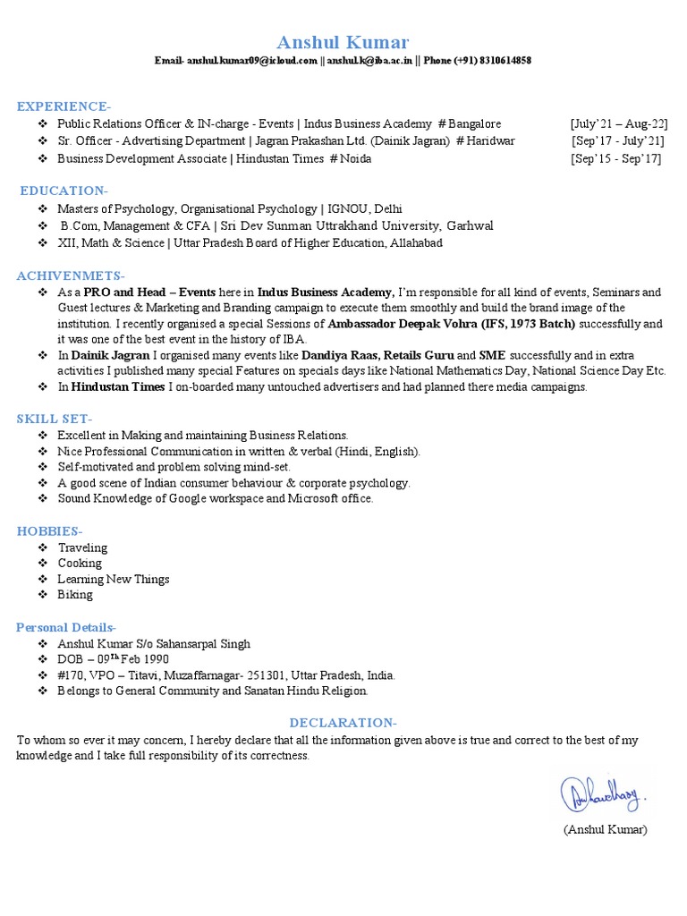 Anshul Kumar CV 2022 | PDF