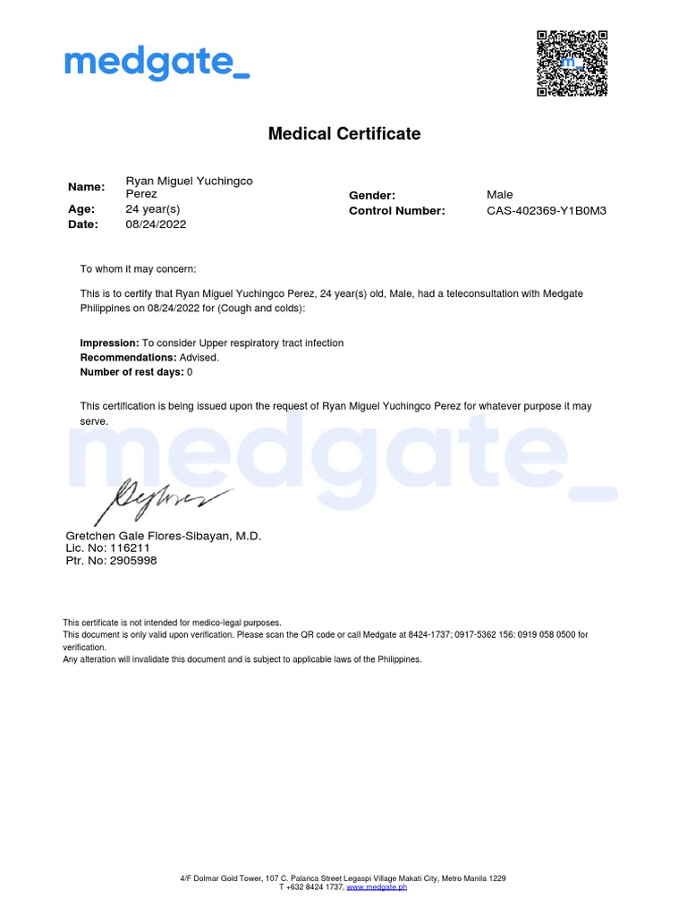 Medgate Medical Certificate for Ryan Perez | PDF | Diseases And ...