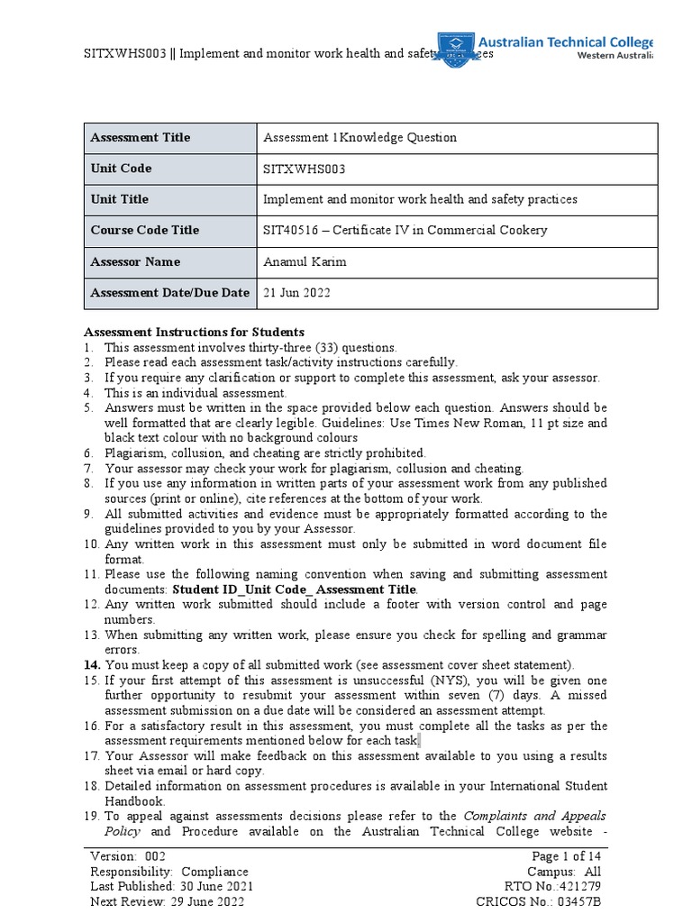 Assessment 1 Knowledge Questions (Implement and Monitor Work Health and ...