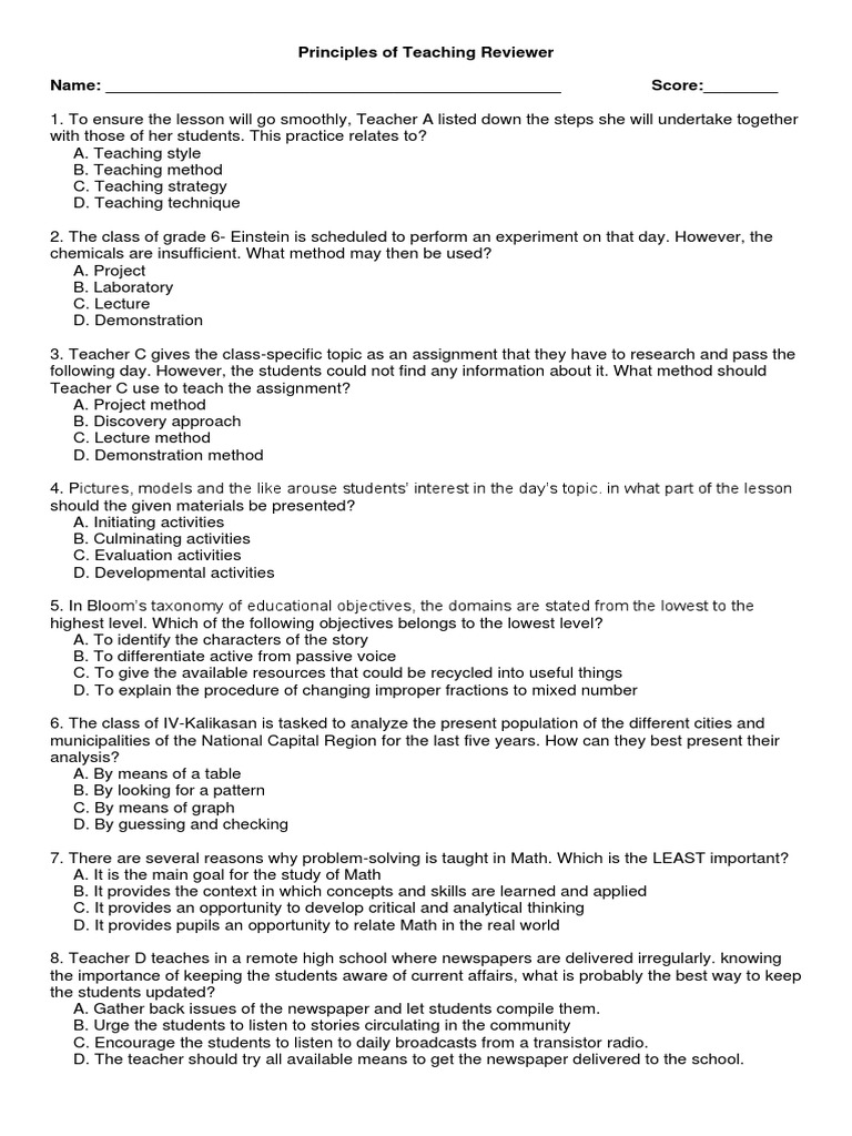 Principles of Teaching Reviewer | PDF | Lesson Plan | Teachers