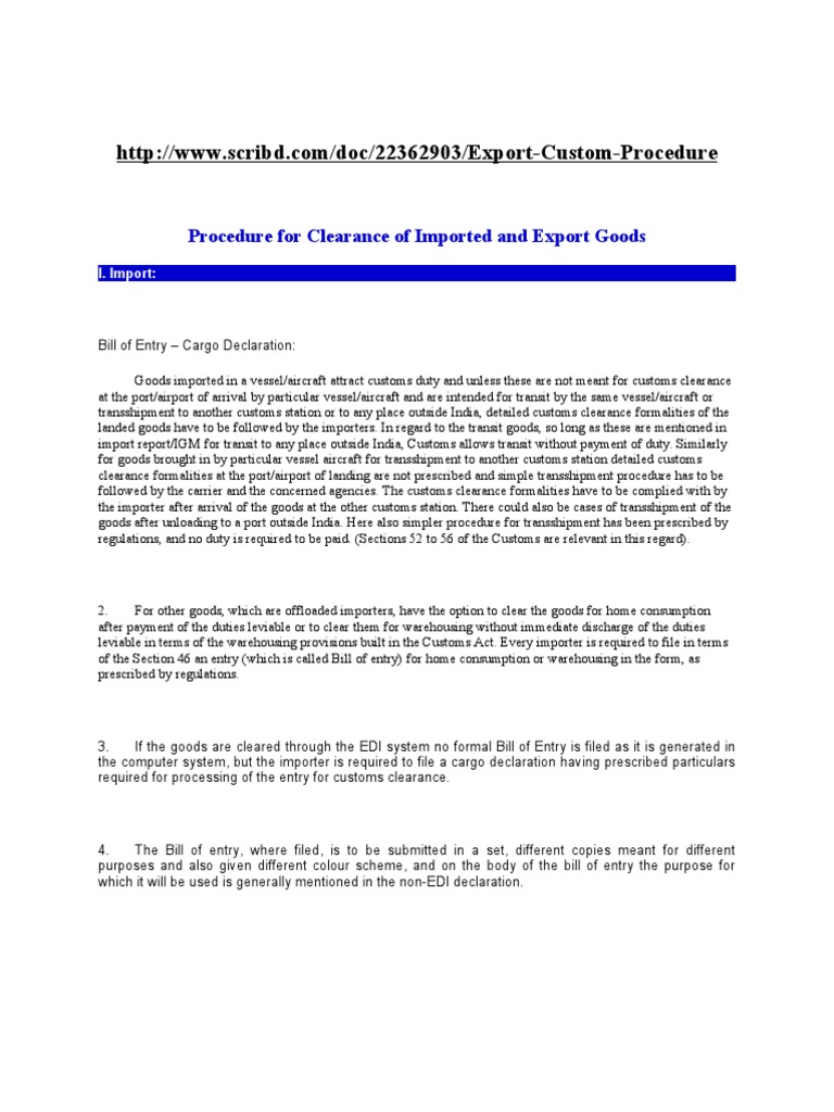 Procedure For Clearance of Imported and Export Goods | PDF | Invoice ...