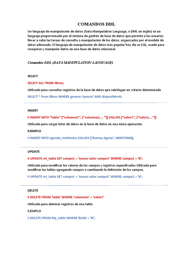 Comandos DML en SQL: SELECT, INSERT, UPDATE, DELETE | PDF