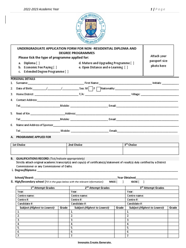MUBAS Undergraduate Application Form | PDF | Diploma | Academic Degree