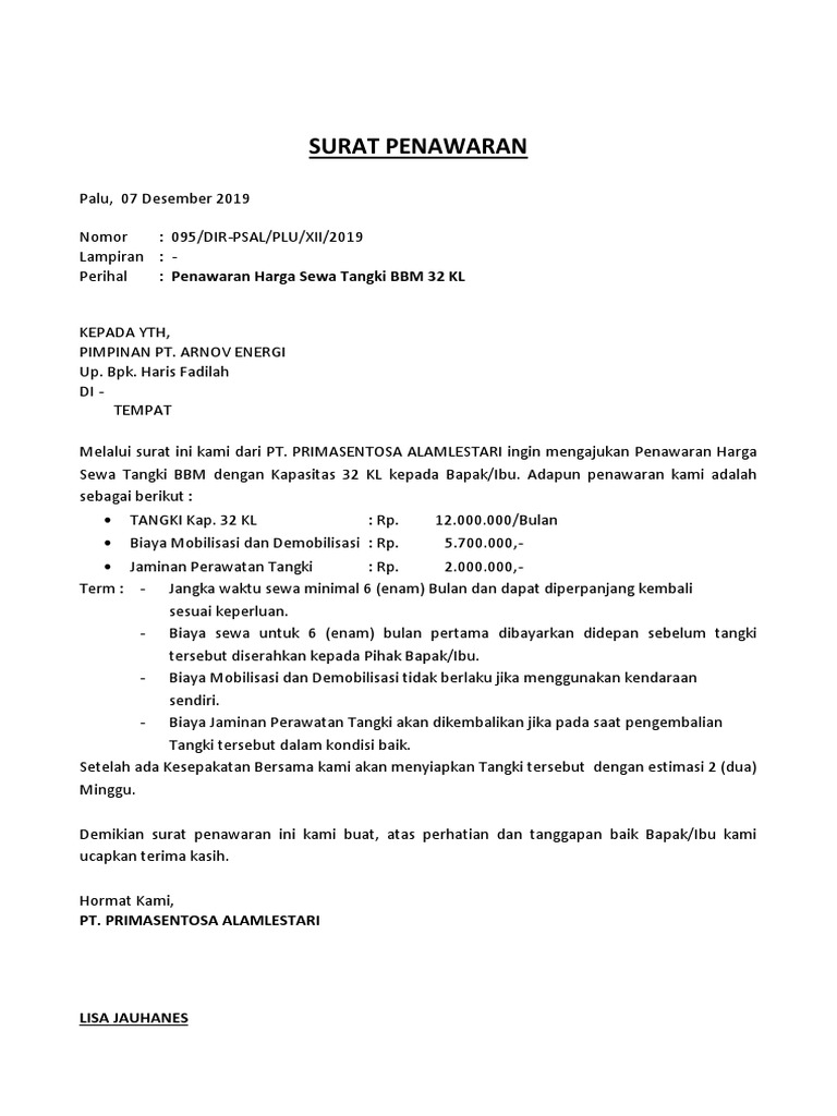 SURAT PENAWARAN Sewa Tangki | PDF