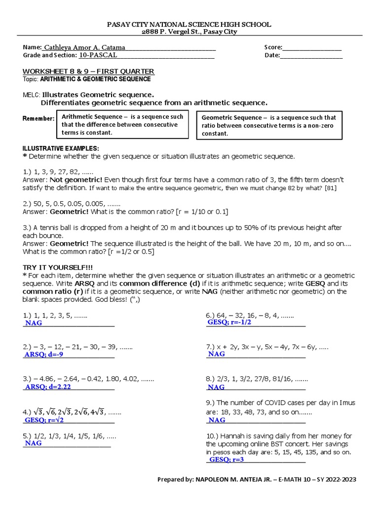 WS-8-9 (Illustrating & Differentiating Arithmetic Sequence-Q1) | PDF | Geometry | Mathematical ...