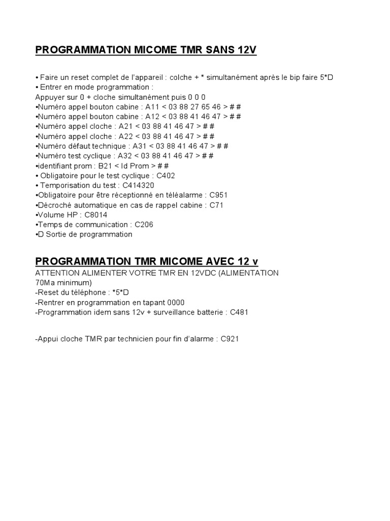 Programmation Micome TMR Sans 12V | PDF
