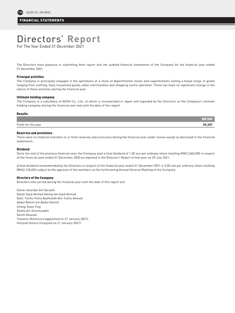 AEON CO. (M) BHD. 2021 Annual Report - Directors' Report Highlighting Financial Performance ...