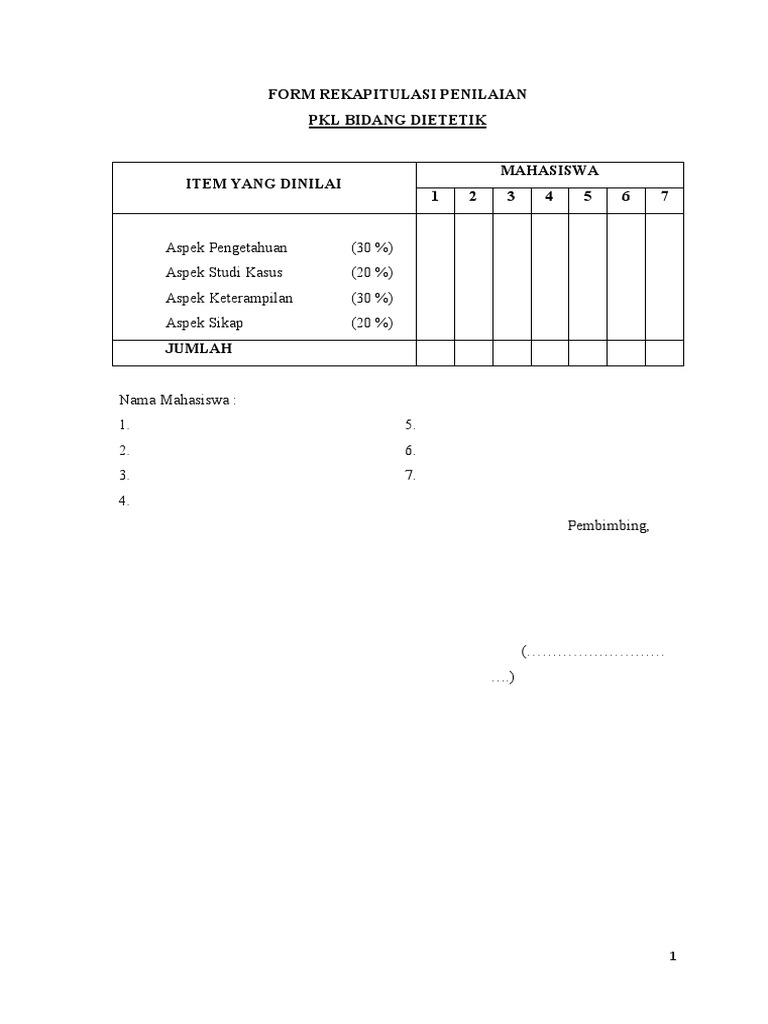 Form Penilaian PKL Bidang Magk Umht Dietetik | PDF