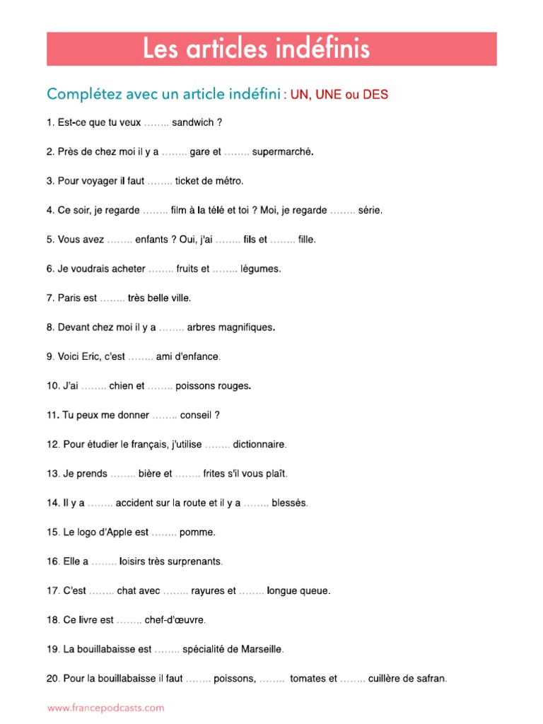 Articles Indéfinis - EXERCICE | PDF