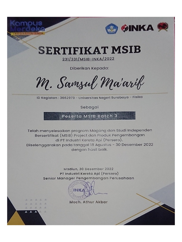 Sertifikat MSIB M. Samsul Ma'arif | PDF