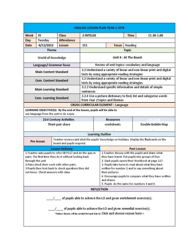 Year 2 Cefr Week 34 | PDF | Lesson Plan | Vocabulary