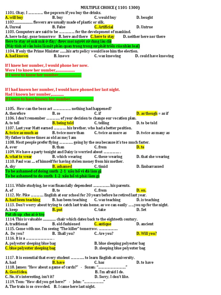 Answer Key To Multiple Choice 1101 1300 | PDF | Language Arts & Discipline
