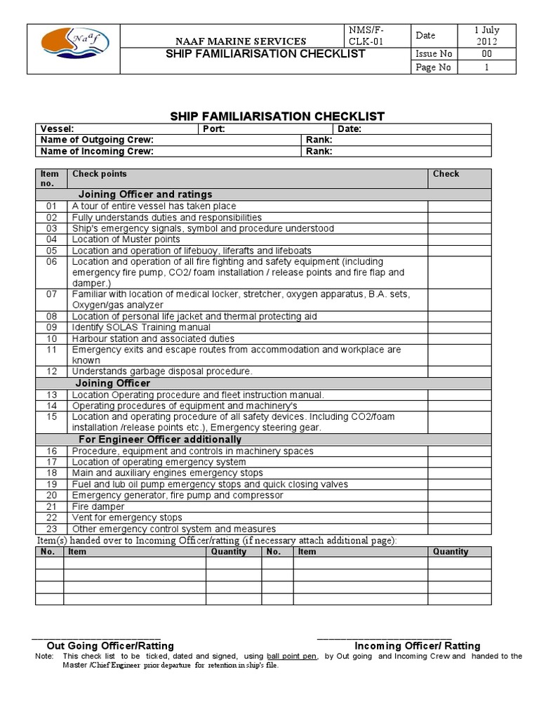 Ship Familiarization Checklist | PDF | Manufactured Goods