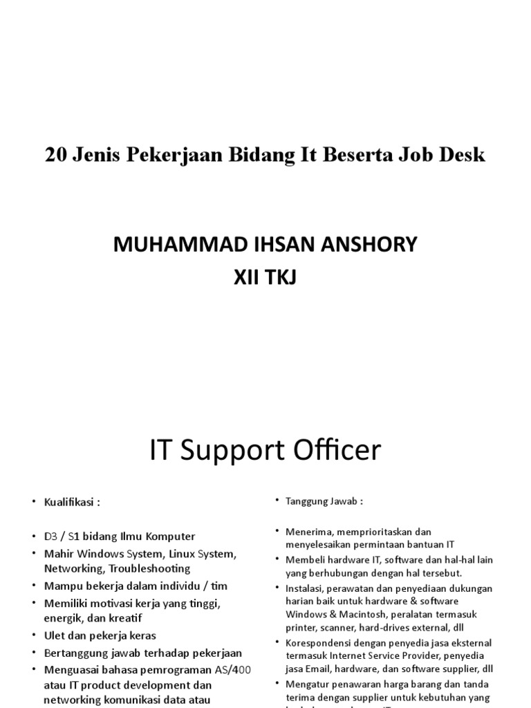 20 Jenis Pekerjaan Bidang It Beserta Job Desk | PDF
