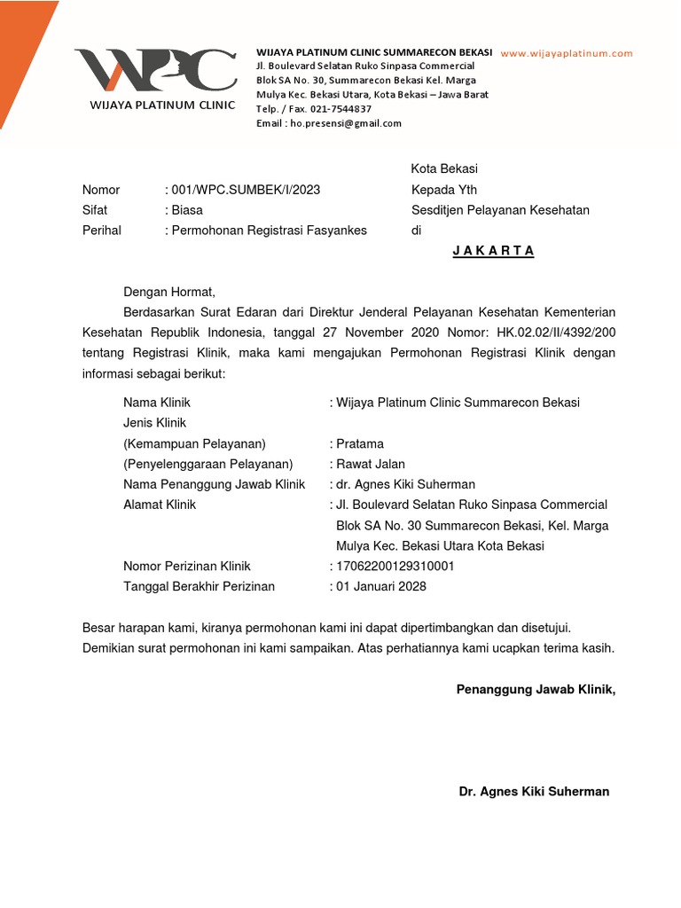 Surat Permohonan Registrasi Fasyankes | PDF