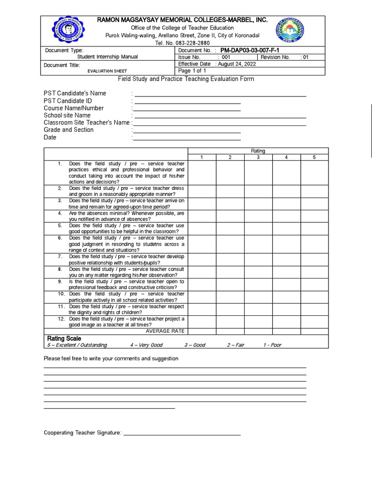 Field Study and Practice Teaching Evaluation Form 1 | PDF | Teachers | Teaching