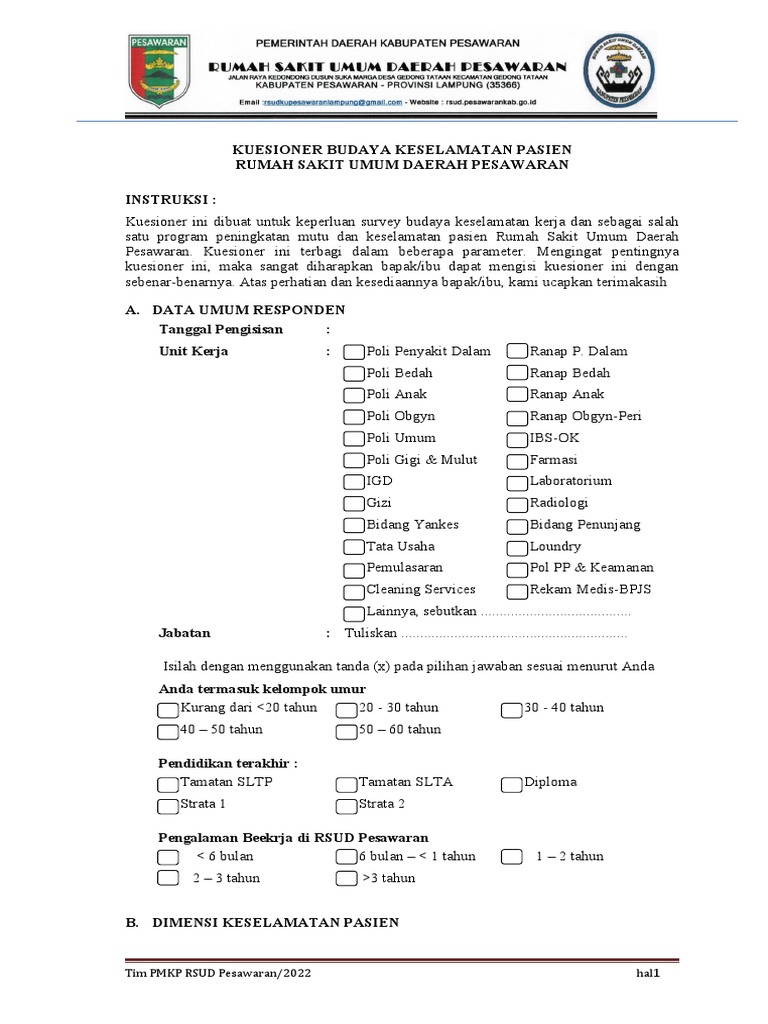 Kuesioner Keselamatan Pasien RSUD | PDF | Sains & Matematika