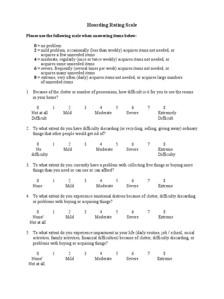 Hoarding Rating Scale With Interpret | PDF | Compulsive Hoarding ...