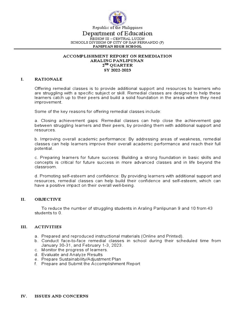 Remedial Class Accomplishment Report | PDF | Learning | Teachers