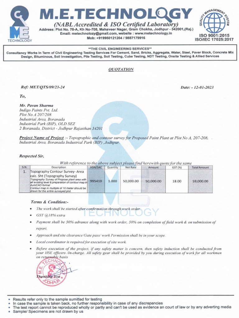 Quotation Indigo Paints - Topography Survey 12-01-2023 | PDF