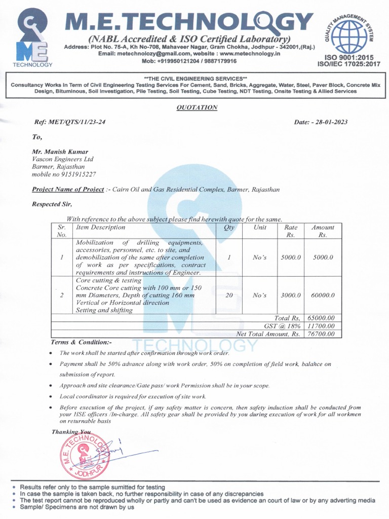Quotation Vascon Core Cutting 28-01-2023 | PDF